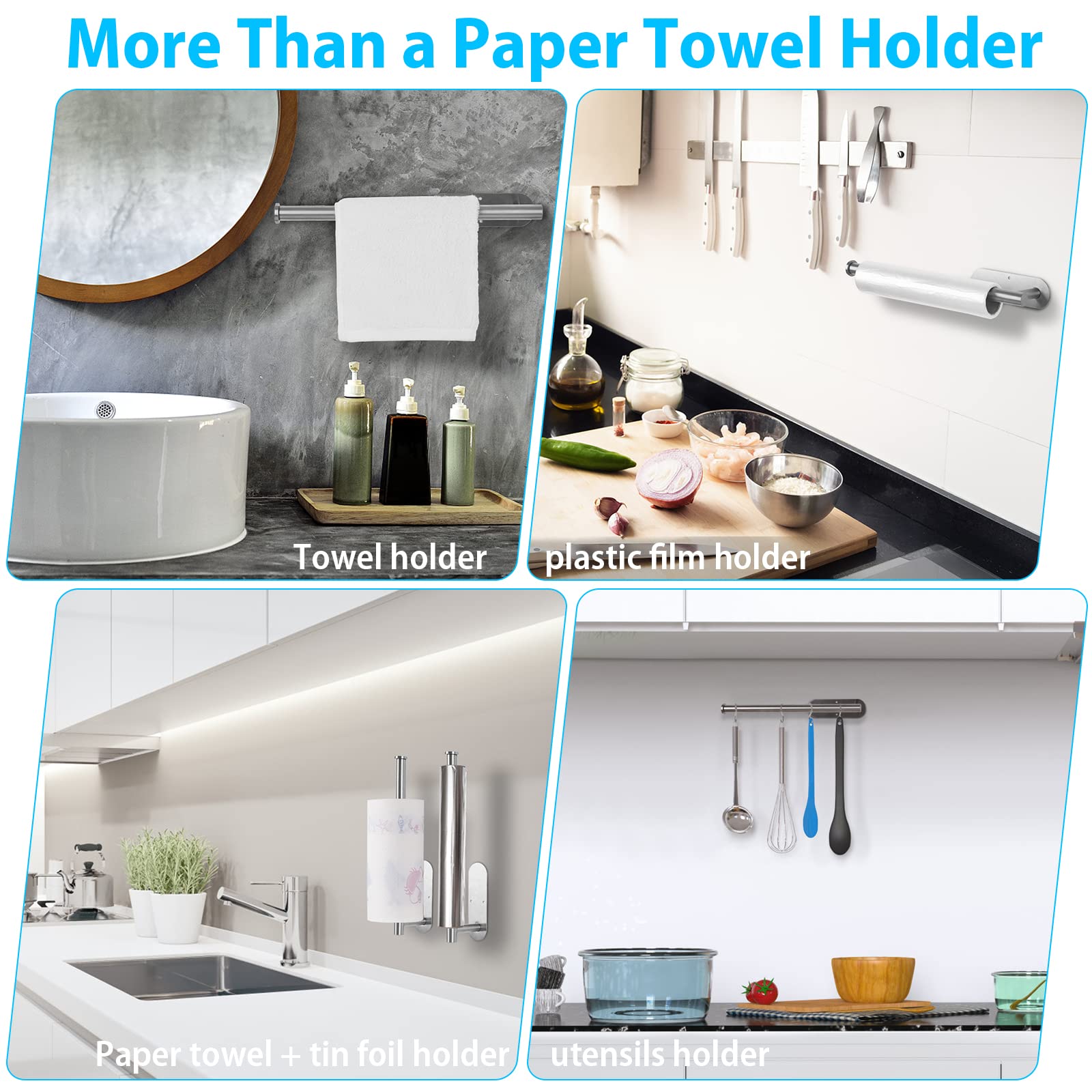 Paper Towel Holder Under Cabinet ,Kitchen Wall Mount Stainless Steel Paper Towel Holder, Self-Adhesive or Screw Mount, for Kitchen and Bathroom.Black 2pack