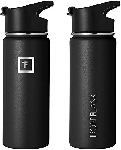 IRON °FLASK Camping & Hiking Hydration Flask with 3 Lids - Stainless Steel, Double Walled & Vacuum Insulated Water Bottle - Leak Proof & BPA Free (Midnight Black, Spout - 14 oz)