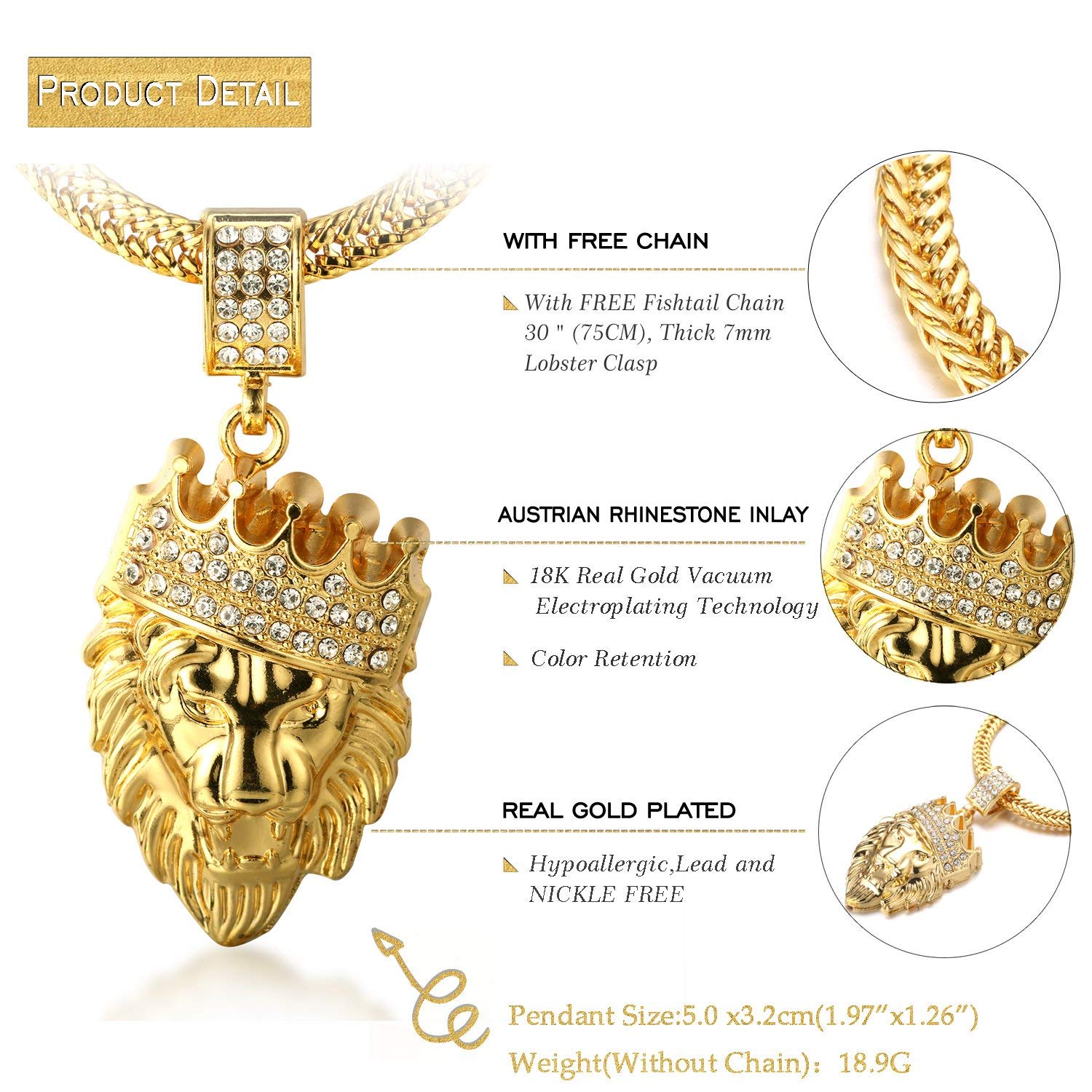 Halukakah 18k Real Gold Plated Men Necklace Large Crown Lion Pendant Lab Diamonds 7mm Sharktail Chain 30", with Giftbox