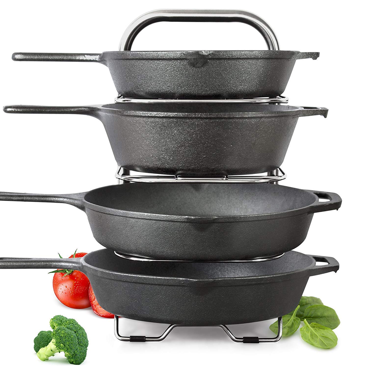 Heavy Duty Kitchen Pot Rack Organizer For Cabinet - Height Adjustable 5-Tier Cast Iron Skillet Cookware Rack - Stainless Steel Pots And Pan Storage Rack Organizer For Cabinet Countertop - 16.5" Tall