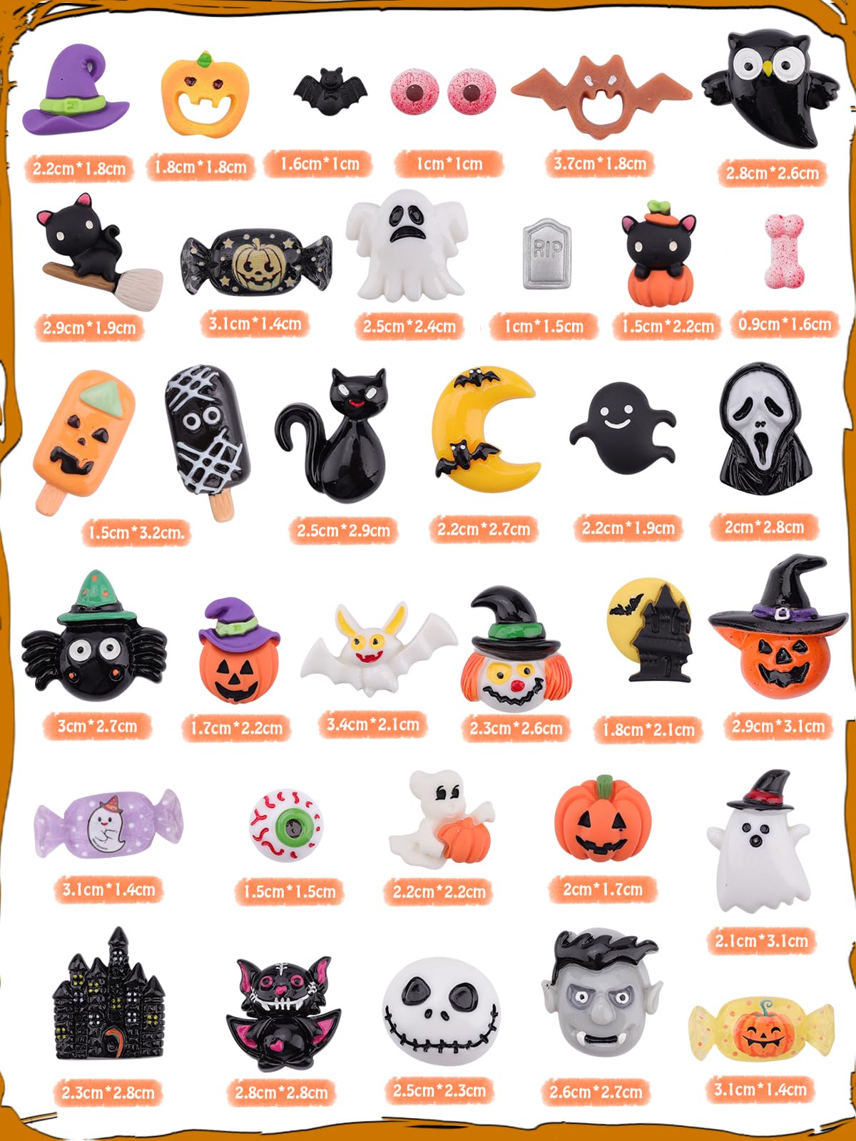 100 PCS Halloween Kawaii Flatback Decorations EBANKU 34 Styles Resin Slime Embellishments Scrapbooking Supplies Bat Skeleton Ghost Pumpkin Charms for DIY Crafts Jewelry Making