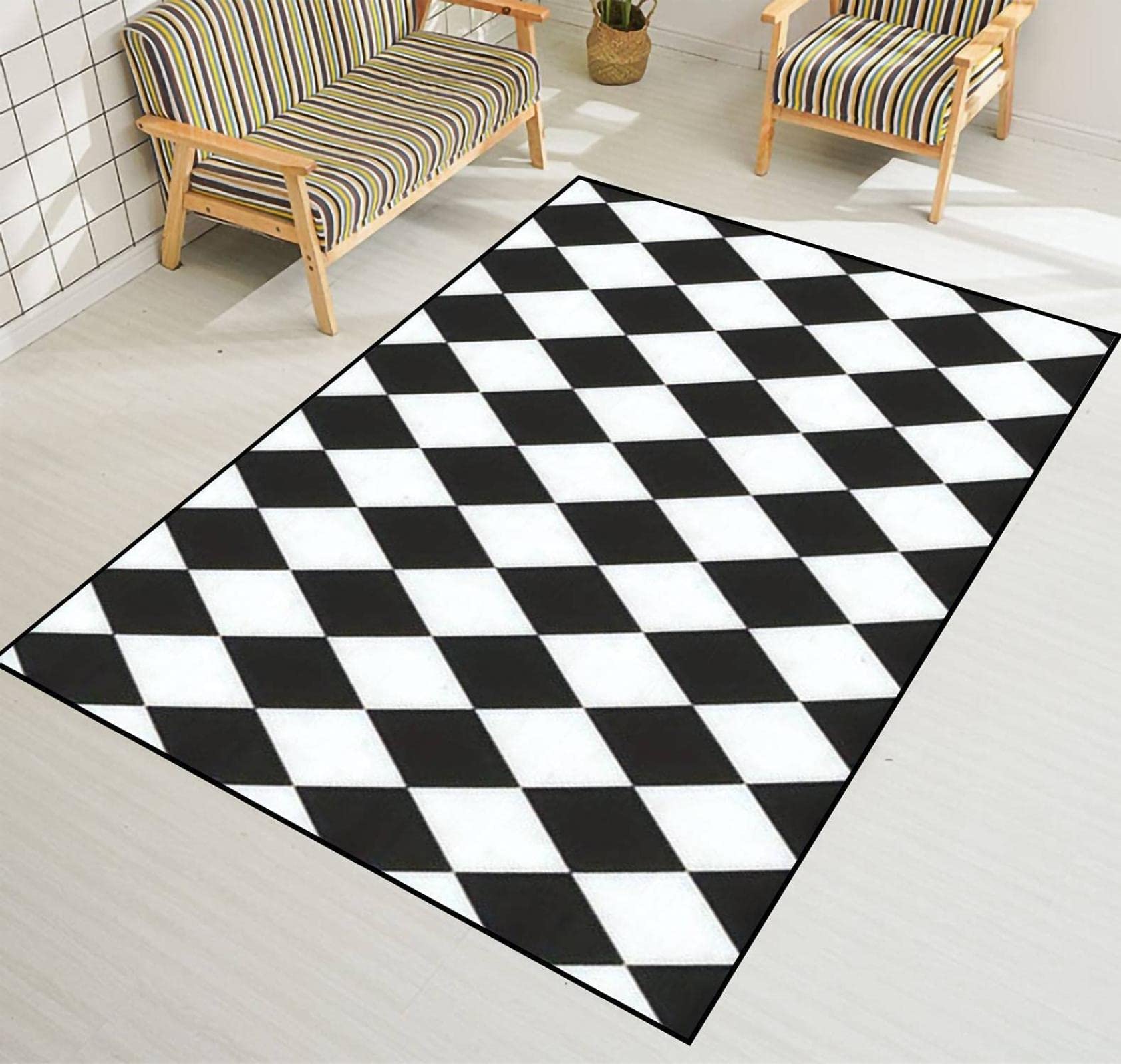 Black and White Area Rugs, Diamond Shape Pattern Background Entryways Mat, Machine Washable Soft and Comfortable for Room Living Room Office Dining Indoor Outdoor Hallway(3x5ft