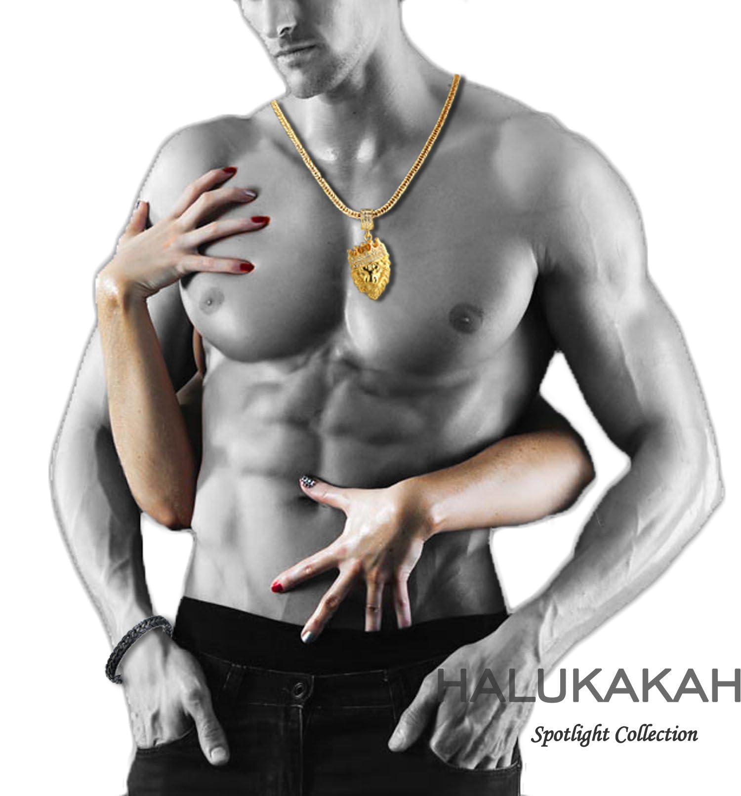 Halukakah 18k Real Gold Plated Men Necklace Large Crown Lion Pendant Lab Diamonds 7mm Sharktail Chain 30", with Giftbox