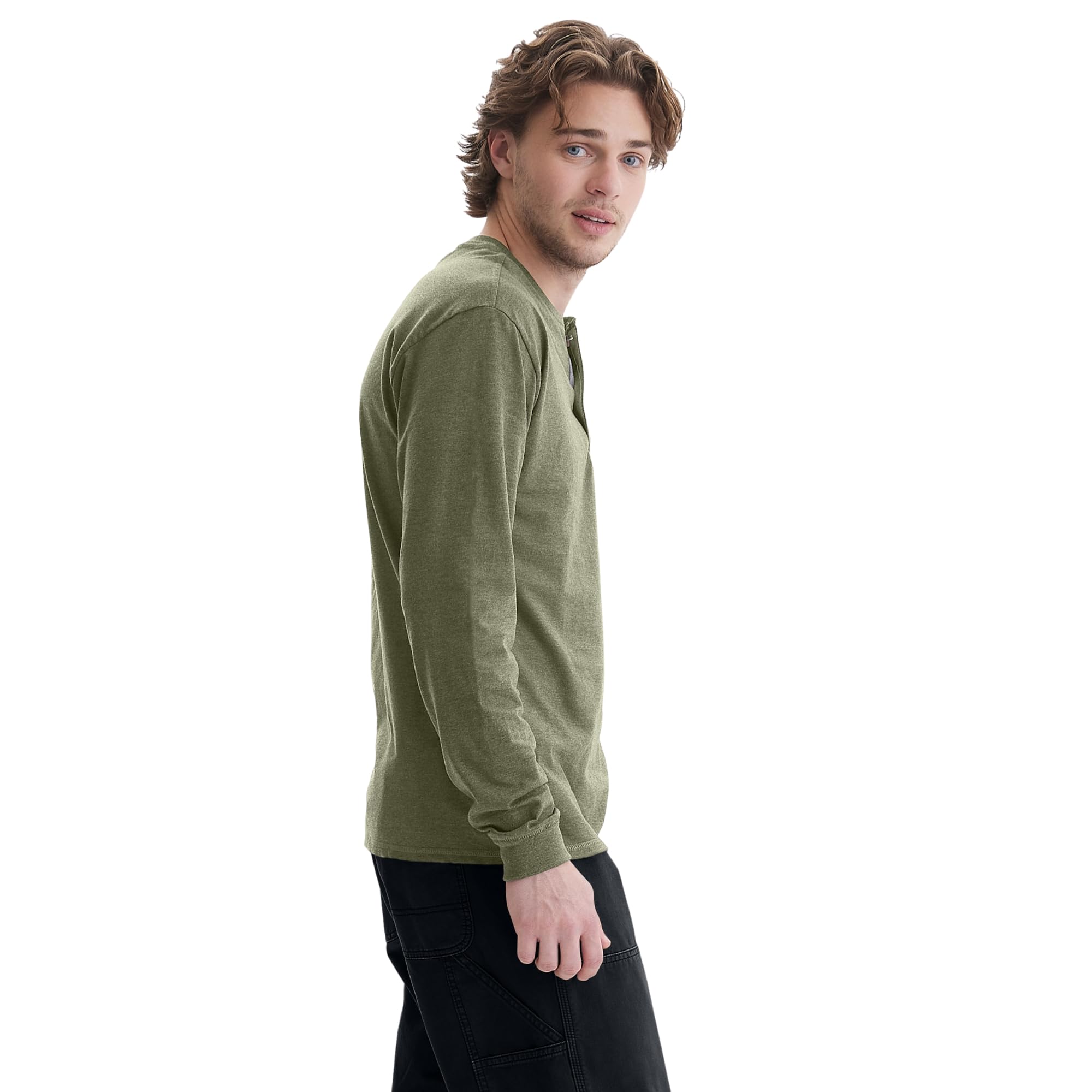 Hanes mens Beefy Long Sleeve Three-button Henley Shirt, Camouflage Green Heather, Medium US