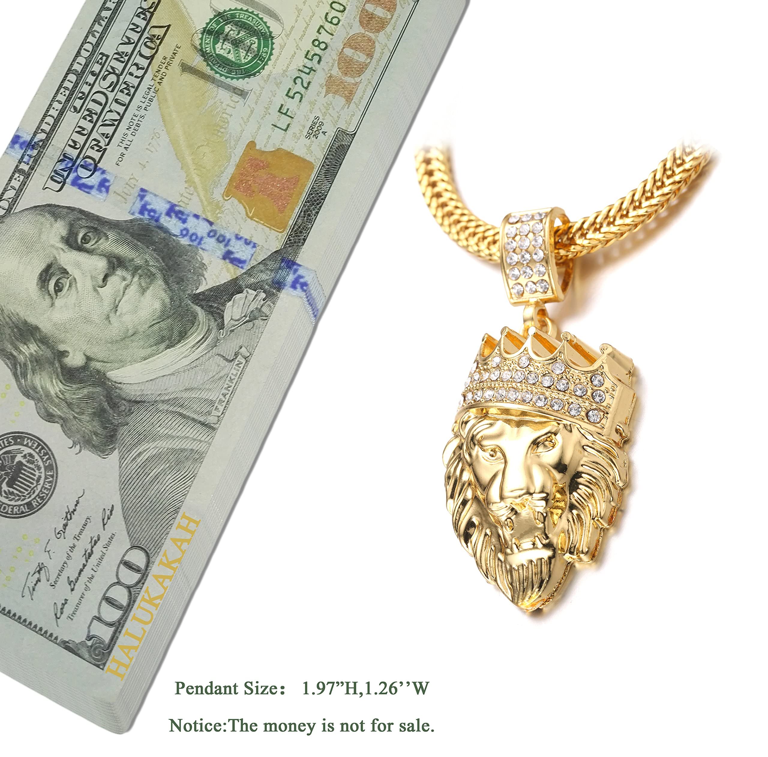 Halukakah 18k Real Gold Plated Men Necklace Large Crown Lion Pendant Lab Diamonds 7mm Sharktail Chain 30", with Giftbox