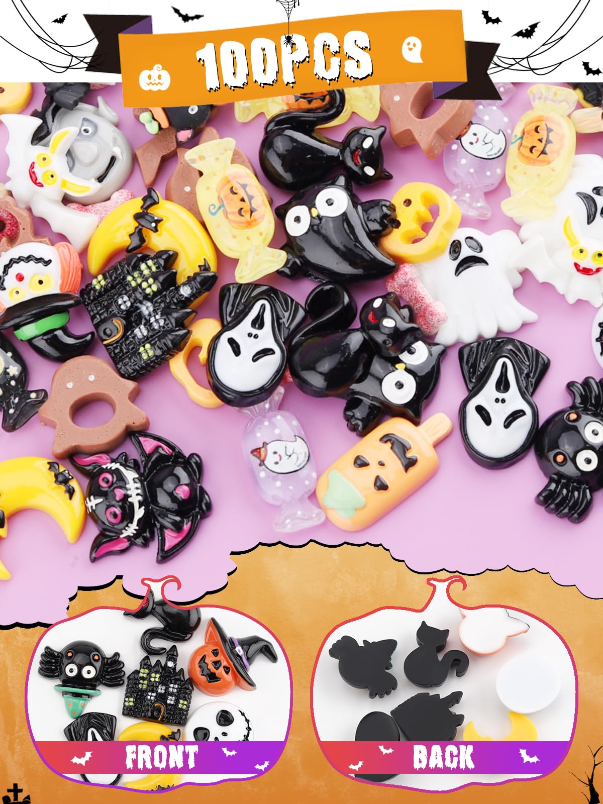 100 PCS Halloween Kawaii Flatback Decorations EBANKU 34 Styles Resin Slime Embellishments Scrapbooking Supplies Bat Skeleton Ghost Pumpkin Charms for DIY Crafts Jewelry Making