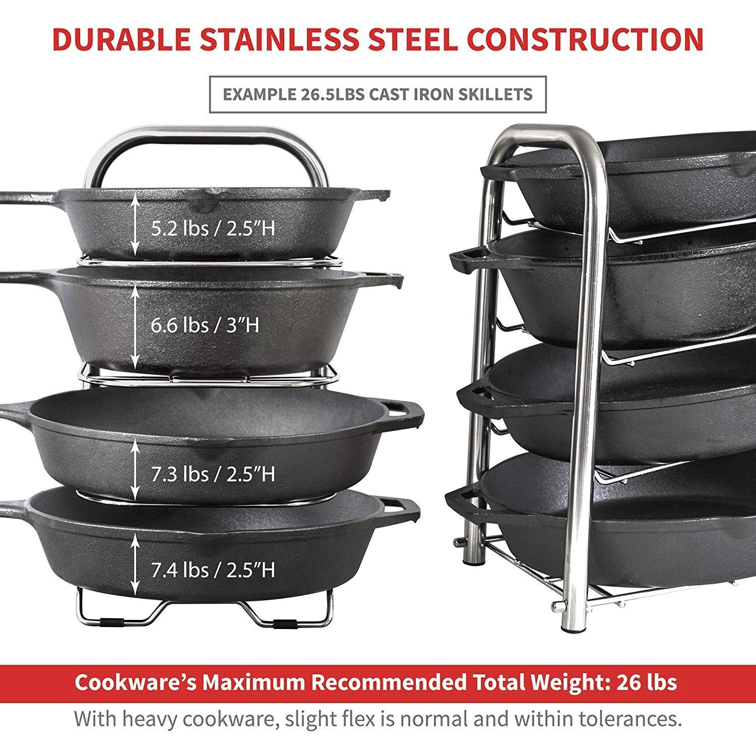 Heavy Duty Kitchen Pot Rack Organizer For Cabinet - Height Adjustable 5-Tier Cast Iron Skillet Cookware Rack - Stainless Steel Pots And Pan Storage Rack Organizer For Cabinet Countertop - 16.5" Tall