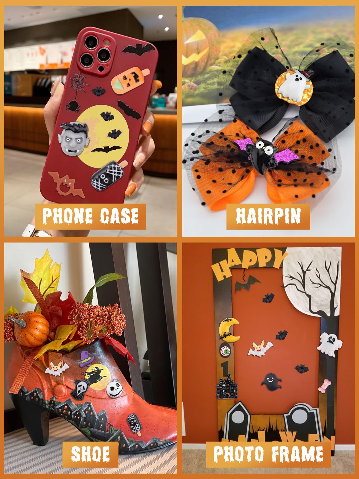 100 PCS Halloween Kawaii Flatback Decorations EBANKU 34 Styles Resin Slime Embellishments Scrapbooking Supplies Bat Skeleton Ghost Pumpkin Charms for DIY Crafts Jewelry Making
