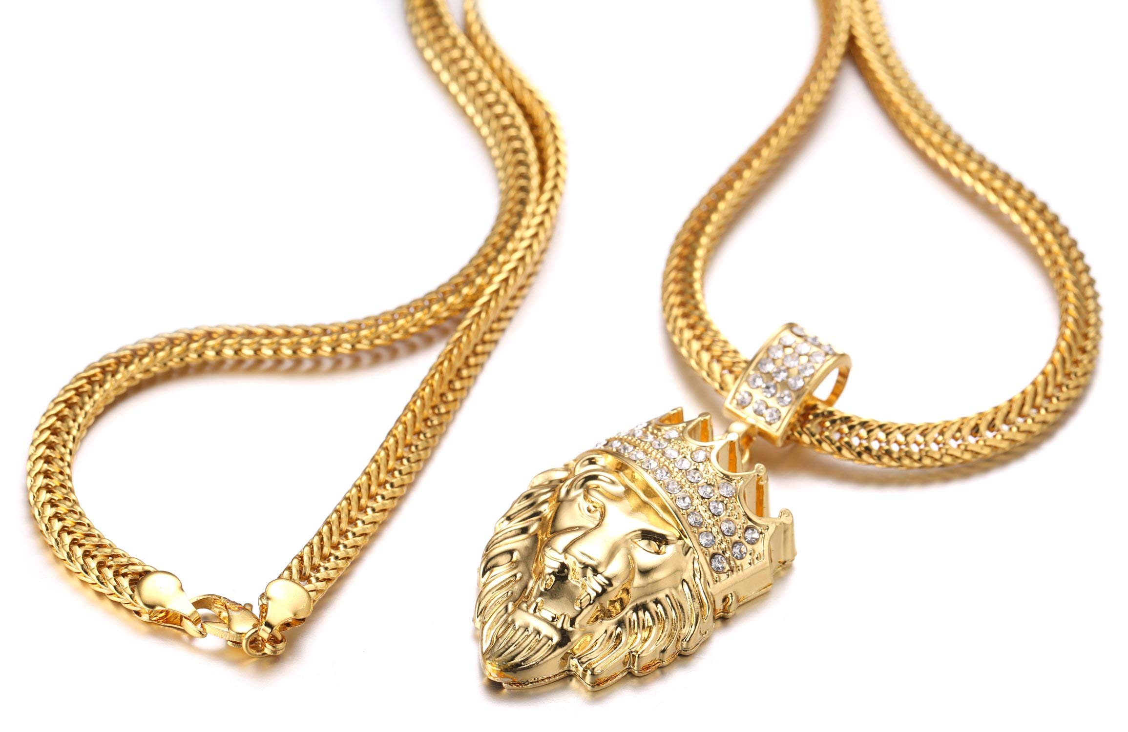 Halukakah 18k Real Gold Plated Men Necklace Large Crown Lion Pendant Lab Diamonds 7mm Sharktail Chain 30", with Giftbox