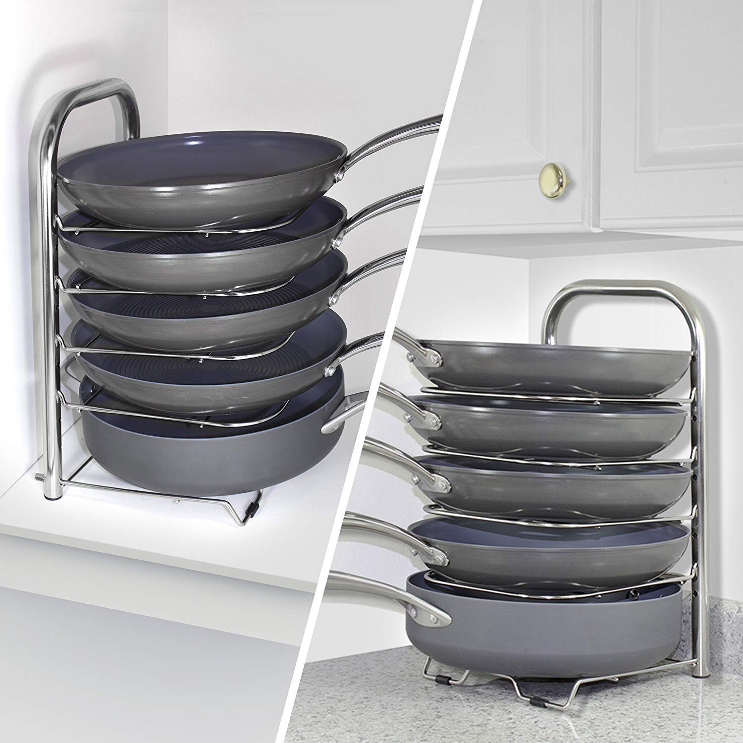 Heavy Duty Kitchen Pot Rack Organizer For Cabinet - Height Adjustable 5-Tier Cast Iron Skillet Cookware Rack - Stainless Steel Pots And Pan Storage Rack Organizer For Cabinet Countertop - 16.5" Tall
