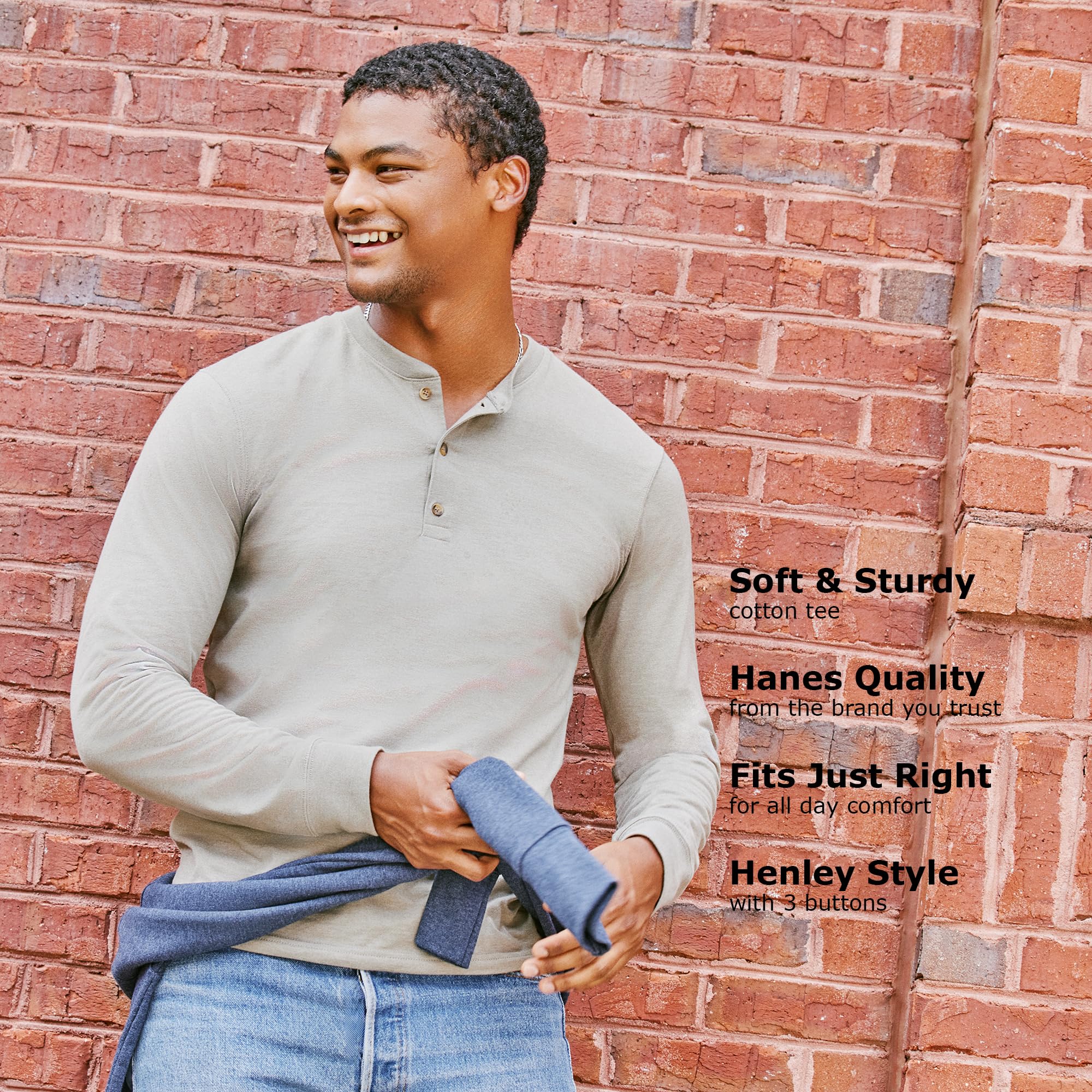Hanes mens Beefy Long Sleeve Three-button Henley Shirt, Camouflage Green Heather, Medium US
