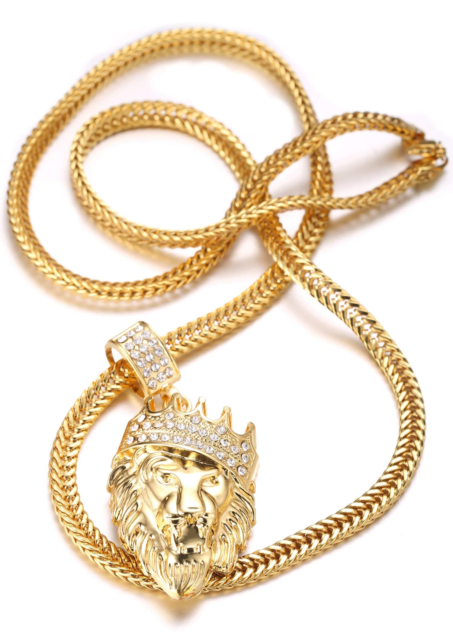 Halukakah 18k Real Gold Plated Men Necklace Large Crown Lion Pendant Lab Diamonds 7mm Sharktail Chain 30", with Giftbox