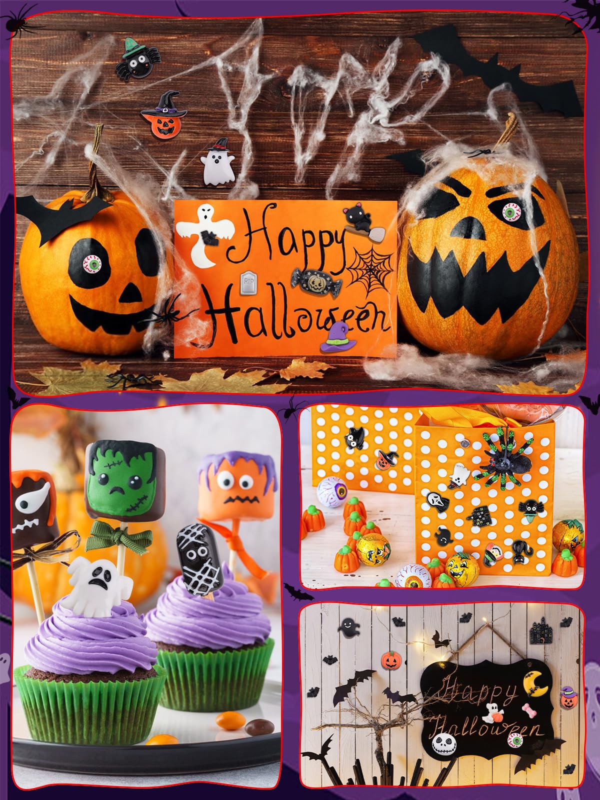 100 PCS Halloween Kawaii Flatback Decorations EBANKU 34 Styles Resin Slime Embellishments Scrapbooking Supplies Bat Skeleton Ghost Pumpkin Charms for DIY Crafts Jewelry Making