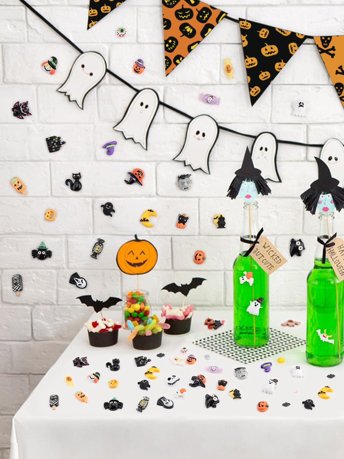 100 PCS Halloween Kawaii Flatback Decorations EBANKU 34 Styles Resin Slime Embellishments Scrapbooking Supplies Bat Skeleton Ghost Pumpkin Charms for DIY Crafts Jewelry Making