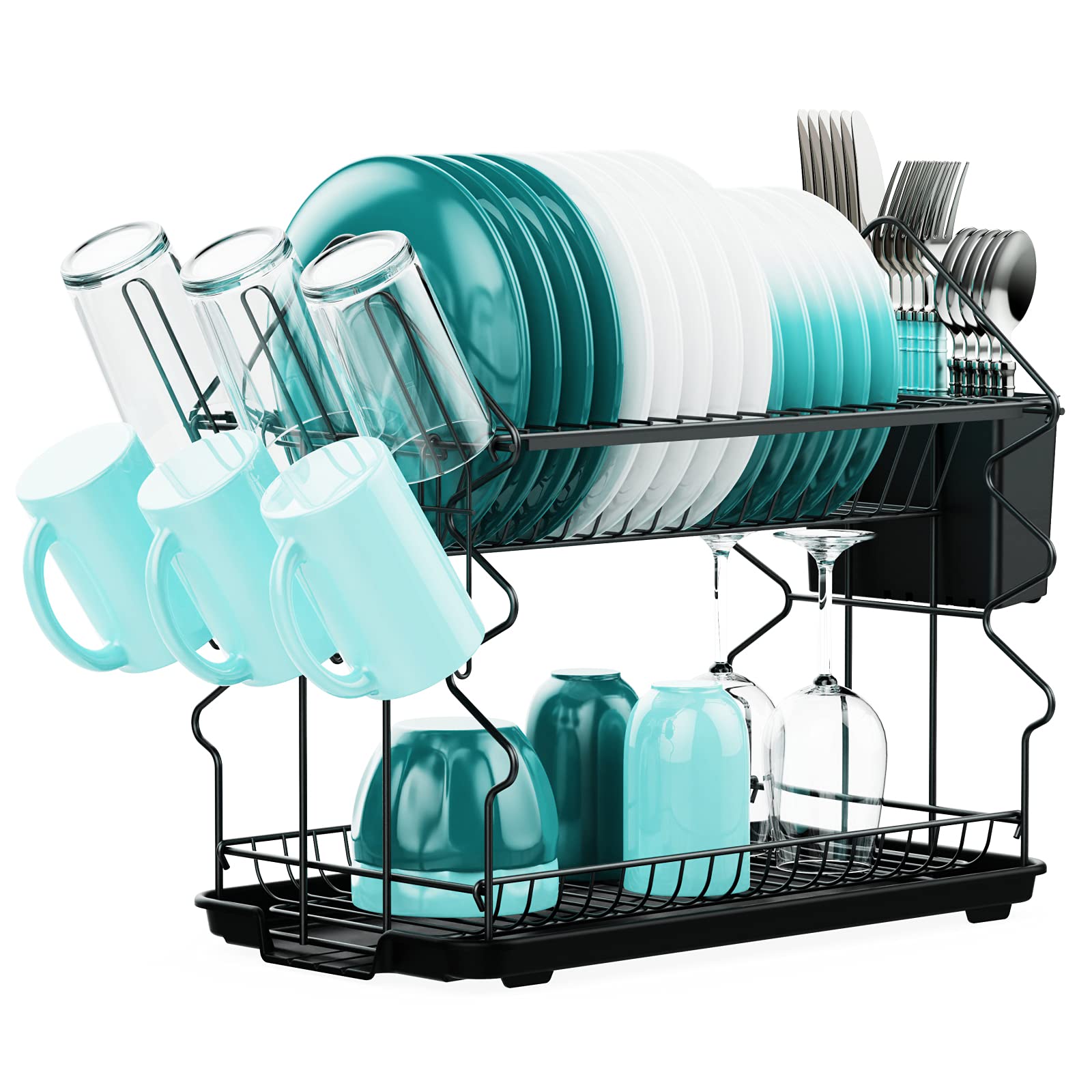 Veckle Dish Drying Rack for Kitchen Counter 2 Tier Small Dish Racks for Plates and Bowls Sets Rust-Resistant Dinnerware Drainer with Drainboard Tray, Glass Holder and Utensil Holder, Black