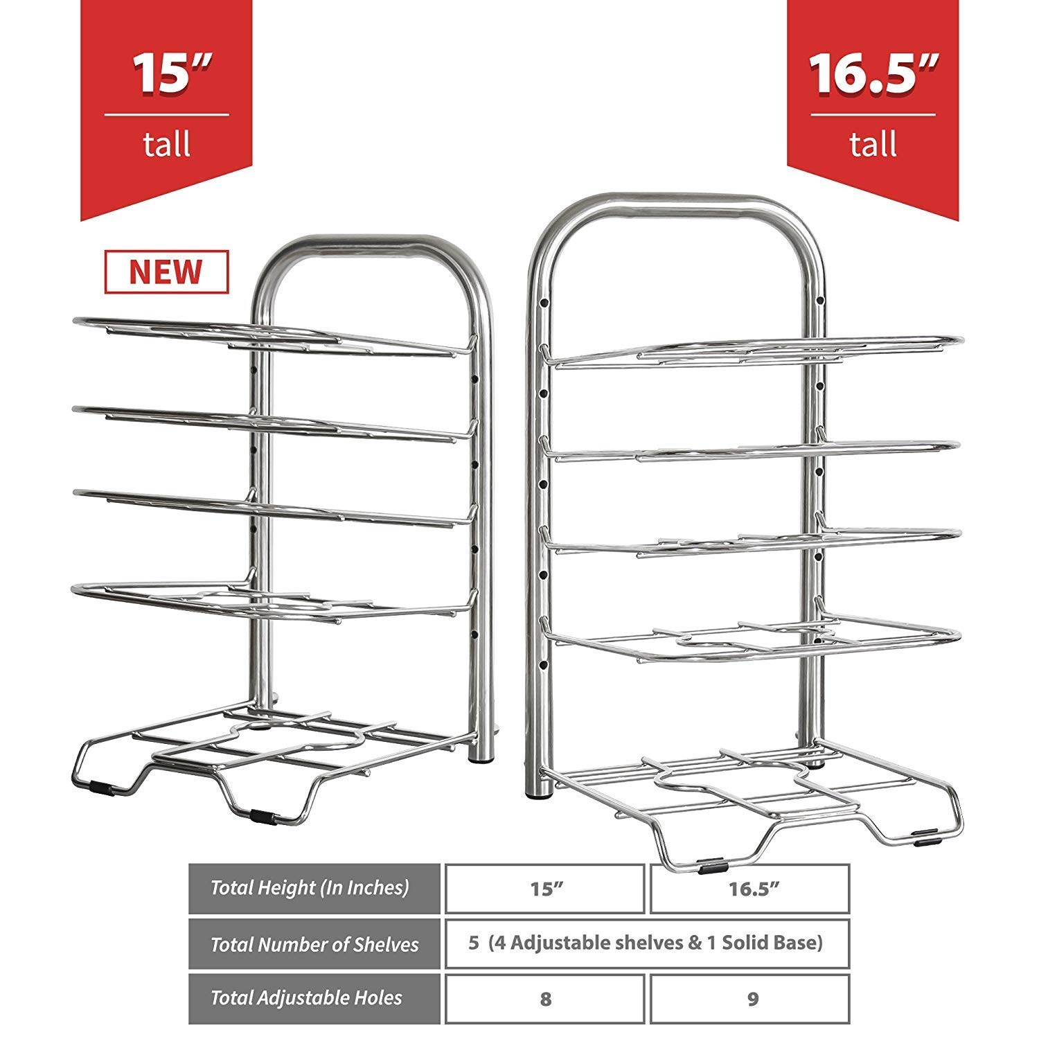 Heavy Duty Kitchen Pot Rack Organizer For Cabinet - Height Adjustable 5-Tier Cast Iron Skillet Cookware Rack - Stainless Steel Pots And Pan Storage Rack Organizer For Cabinet Countertop - 16.5" Tall