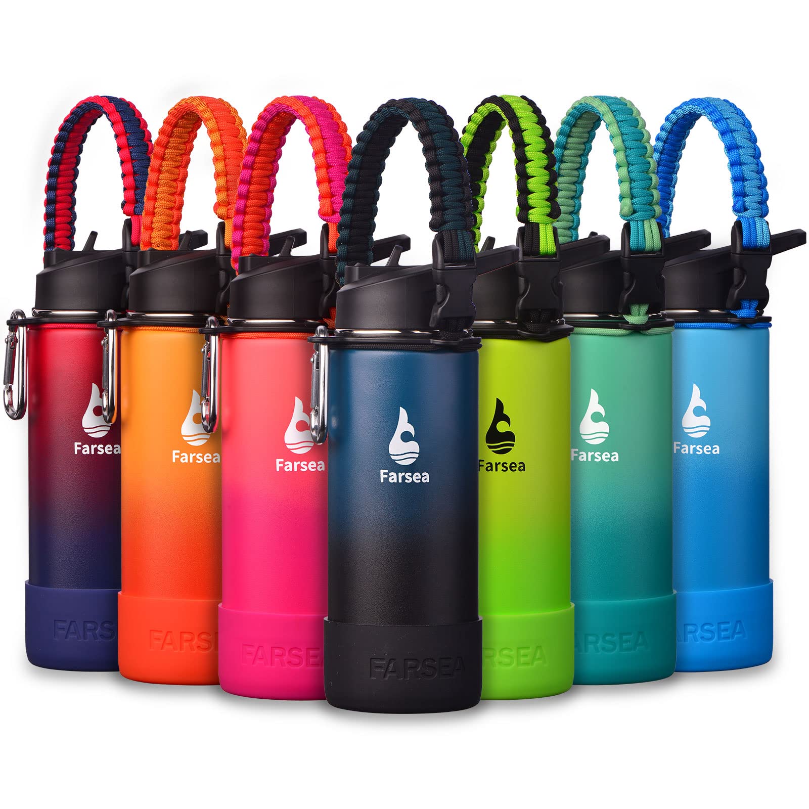 Farsea Insulated Water Bottle With Paracord Handle, Protective Silicone Boot and 2 Lids (Straw Lid & Spout Lid), Stainless Steel Water Bottle Wide Mouth, Double Wall Sweat-Proof BPA-Free, 18 oz