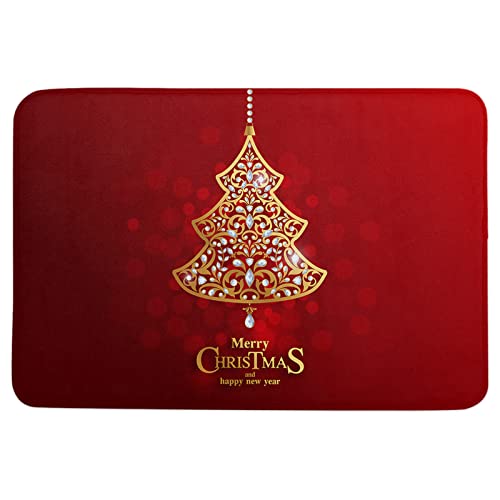 Christmas Bath Rugs Xmas Trees Diamond Sponge Doormat Absorbent Non Slip Backing Durable Soft Flannel Mat Red Christmas Memory Foam Mats Carpet for Bathroom Kitchen, 20 x 32 inch