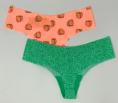 Victoria's Secret Pink No-Show Thong Panty, Green Logos/Peachy, Medium