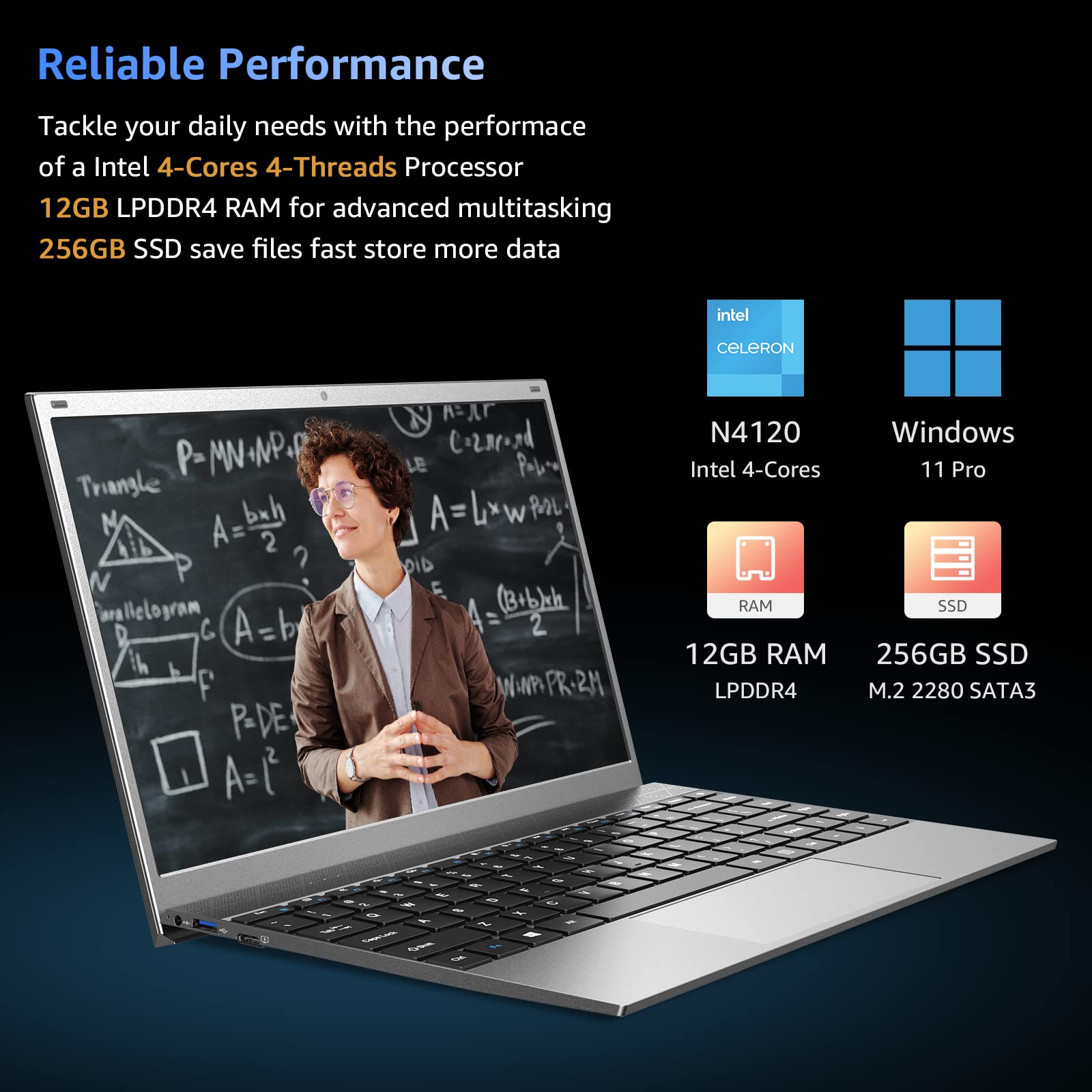 Tulasi 12GB RAM 256GB SSD Intel Celeron N4120 Quad-Core Windows 11 Laptop Computers, 14 inch Full HD 1080P IPS Display Ultra Slim Laptop, 2.4G/5G WiFi, Bluetooth 4.2, Webcam, Long Battery Life