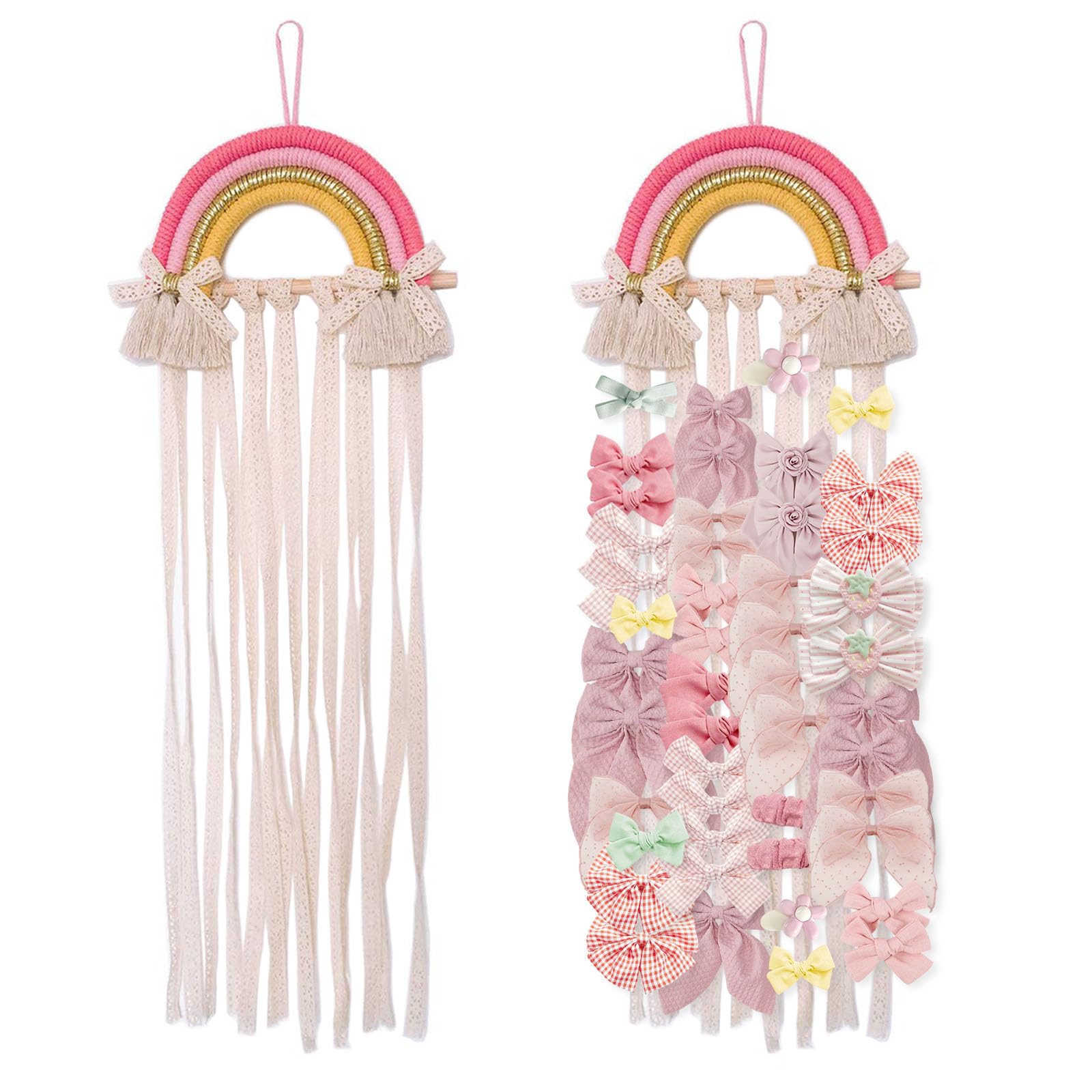NICROLANDEE Rainbow Tassels Hair Bows Holder Hanging - Baby Hair Accessories Storage Headband Holder Hair Clips Organizer Wall Hanger Decor for Baby Girls Room Ornament (Pink Yellow)