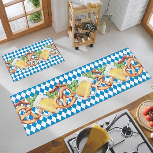 Kitchen Rugs and Mats Set,Watercolor Beer Bread Green Leaf Comfort Area Runner Rug 2 PCS Set,Non-Slip Absorbent Floor Doormat Washable Standing Carpet for Kitchen Sink Decor Blue White Diamond Grid