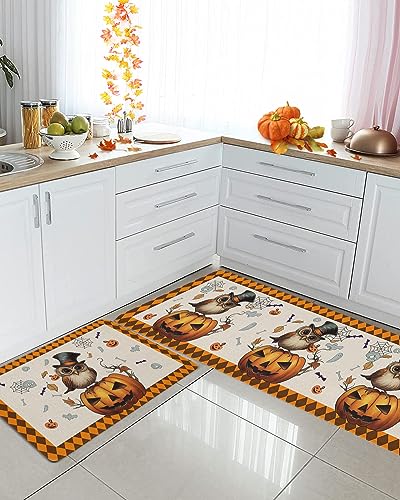 Halloween Punmkin Ghost Owl Diamond Textured Retro Kitchen Mat Set of 2,Anti-Fatigue Kitchen Rugs,Waterproof Non-Slipping Kitchen Mat for Floor, Durable Kitchen Rugs and Mats for Kitchen & Laundry