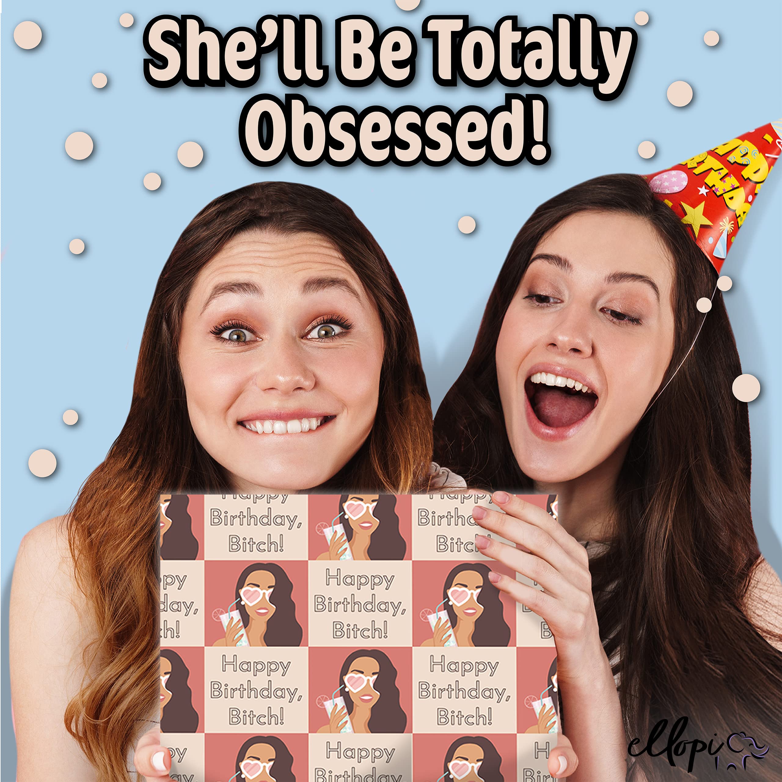 Super Cute, Funny Happy Birthday Girl 20x30 Inch Wrapping Paper Sheets 3 Pack. Recyclable, Novelty Design Squares Great for Friends. Unique, Folded Heavy Duty Gift-Wrap Papers for Women’s Bday Gifts.