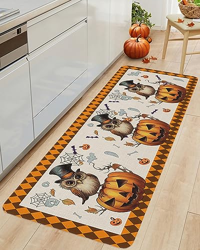 Halloween Punmkin Ghost Owl Diamond Textured Retro Kitchen Mat Set of 2,Anti-Fatigue Kitchen Rugs,Waterproof Non-Slipping Kitchen Mat for Floor, Durable Kitchen Rugs and Mats for Kitchen & Laundry