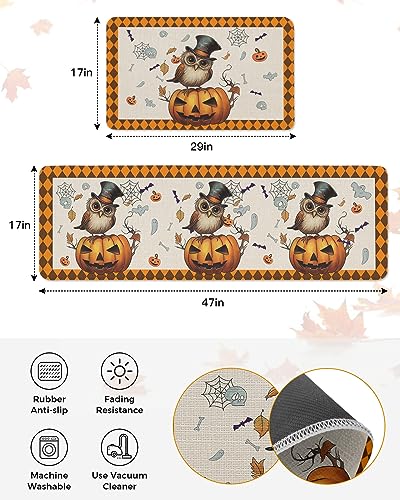 Halloween Punmkin Ghost Owl Diamond Textured Retro Kitchen Mat Set of 2,Anti-Fatigue Kitchen Rugs,Waterproof Non-Slipping Kitchen Mat for Floor, Durable Kitchen Rugs and Mats for Kitchen & Laundry