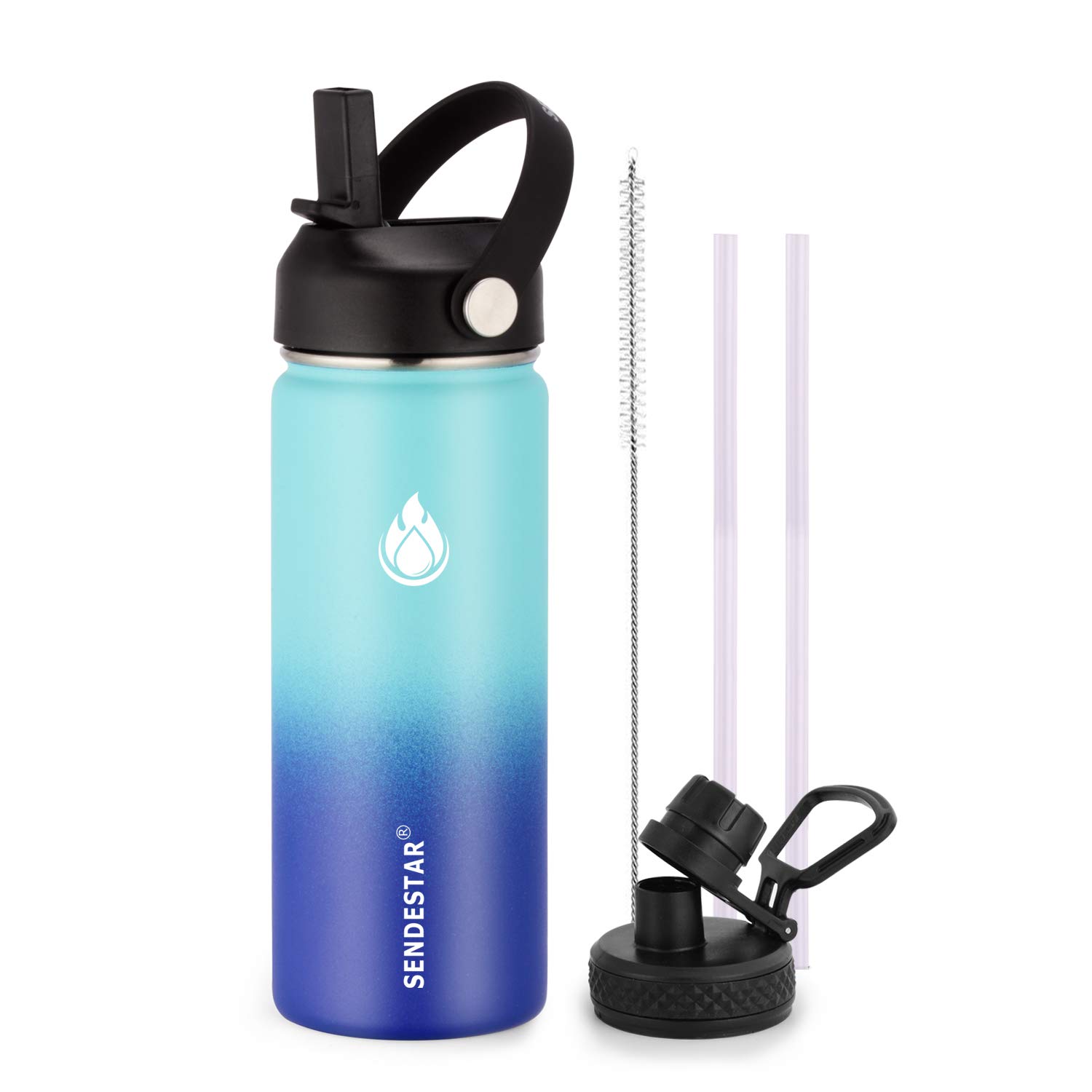 SENDESTAR Stainless Steel Wide Mouth Water Bottle 18oz Double Wall Vacuum Insulated Leak Proof Bottle with New Flex Straw Lid & Spout Lid
