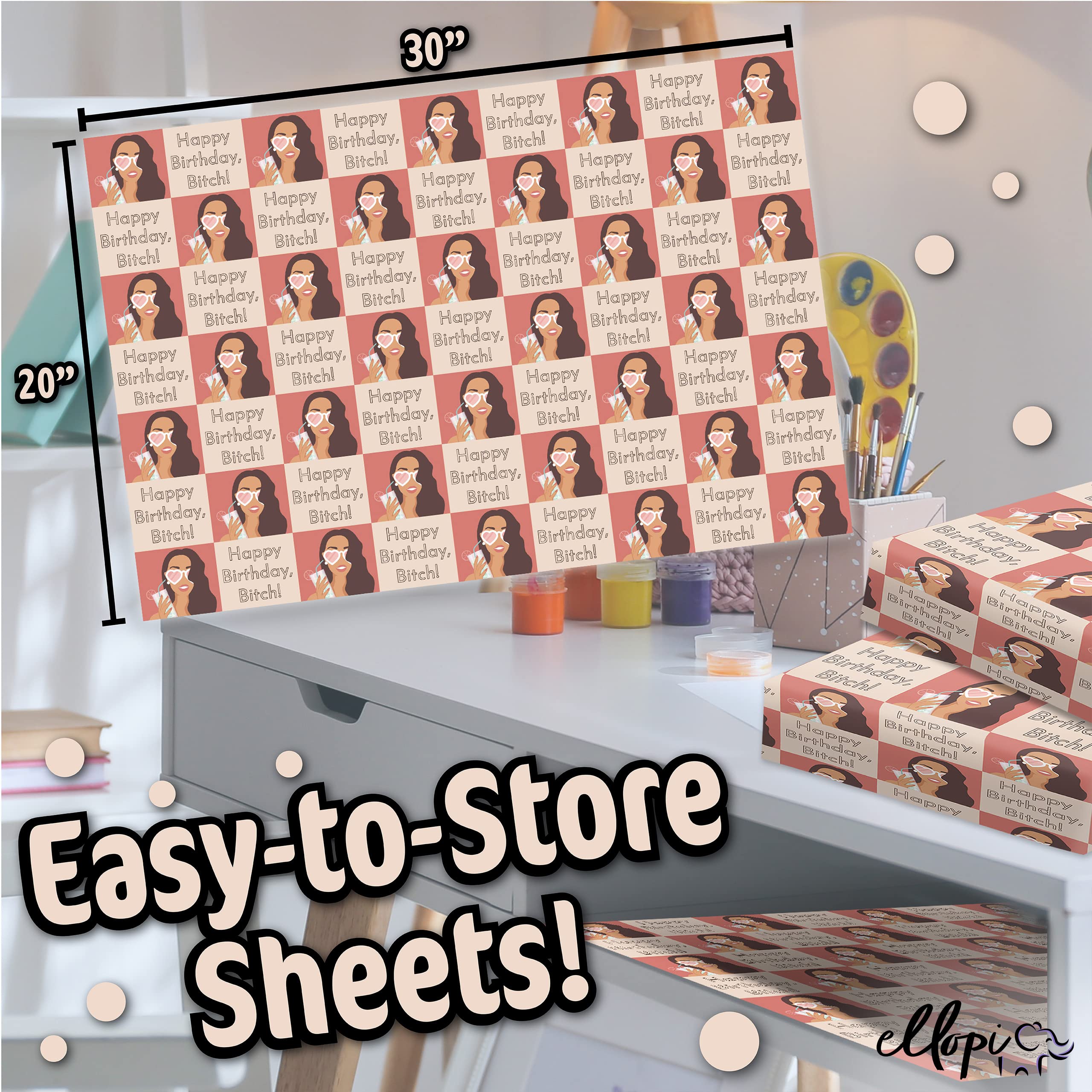 Super Cute, Funny Happy Birthday Girl 20x30 Inch Wrapping Paper Sheets 3 Pack. Recyclable, Novelty Design Squares Great for Friends. Unique, Folded Heavy Duty Gift-Wrap Papers for Women’s Bday Gifts.