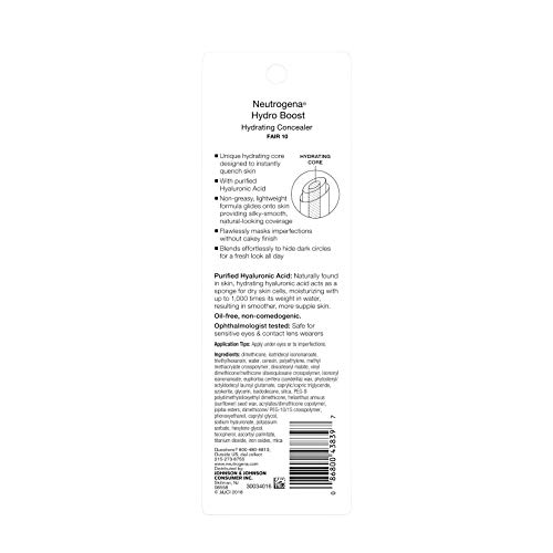 Neutrogena Hydro Boost Hydrating Concealer Stick for Dry Skin, Oil-Free, Lightweight, Non-Greasy and Non-Comedogenic Cover-Up Makeup with Hyaluronic Acid, 10/Fair, 0.12 Oz