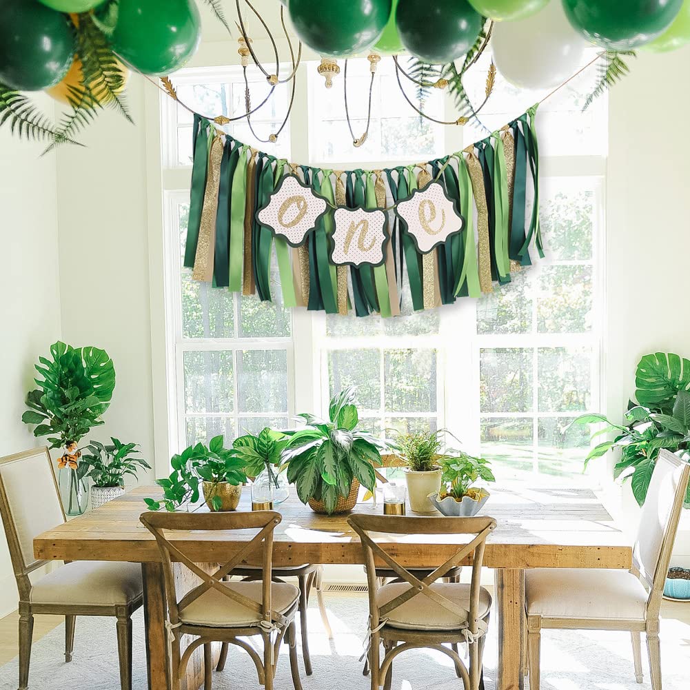 Wild One Birthday High Chair Banner - Boy Girl Jungle Theme Cake Smash Photo Shoot Backdrop - 1st Birthday Decor (WILD ONE GREEN)