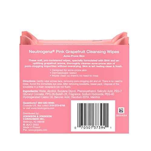 Neutrogena Oil Free Facial Cleansing Makeup Wipes with Pink Grapefruit, Disposable Acne Face Towelettes to Remove Dirt, Oil, and Makeup for Acne Prone Skin, Value Twin Pack, 2 x 25 ct