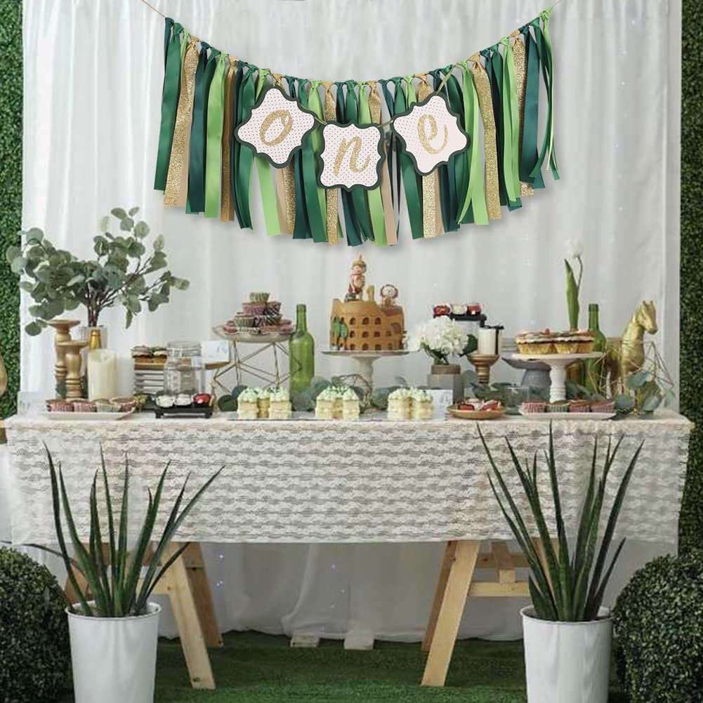 Wild One Birthday High Chair Banner - Boy Girl Jungle Theme Cake Smash Photo Shoot Backdrop - 1st Birthday Decor (WILD ONE GREEN)