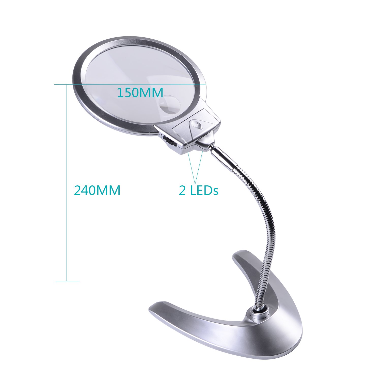 XYK Large 2X 5X LED Lighted Magnifier with Stand - Folding Design with 2 LED Lamp and Jumbo 5.5 Inch Lens - Best Hands Free Magnifying Glass with Light for Reading