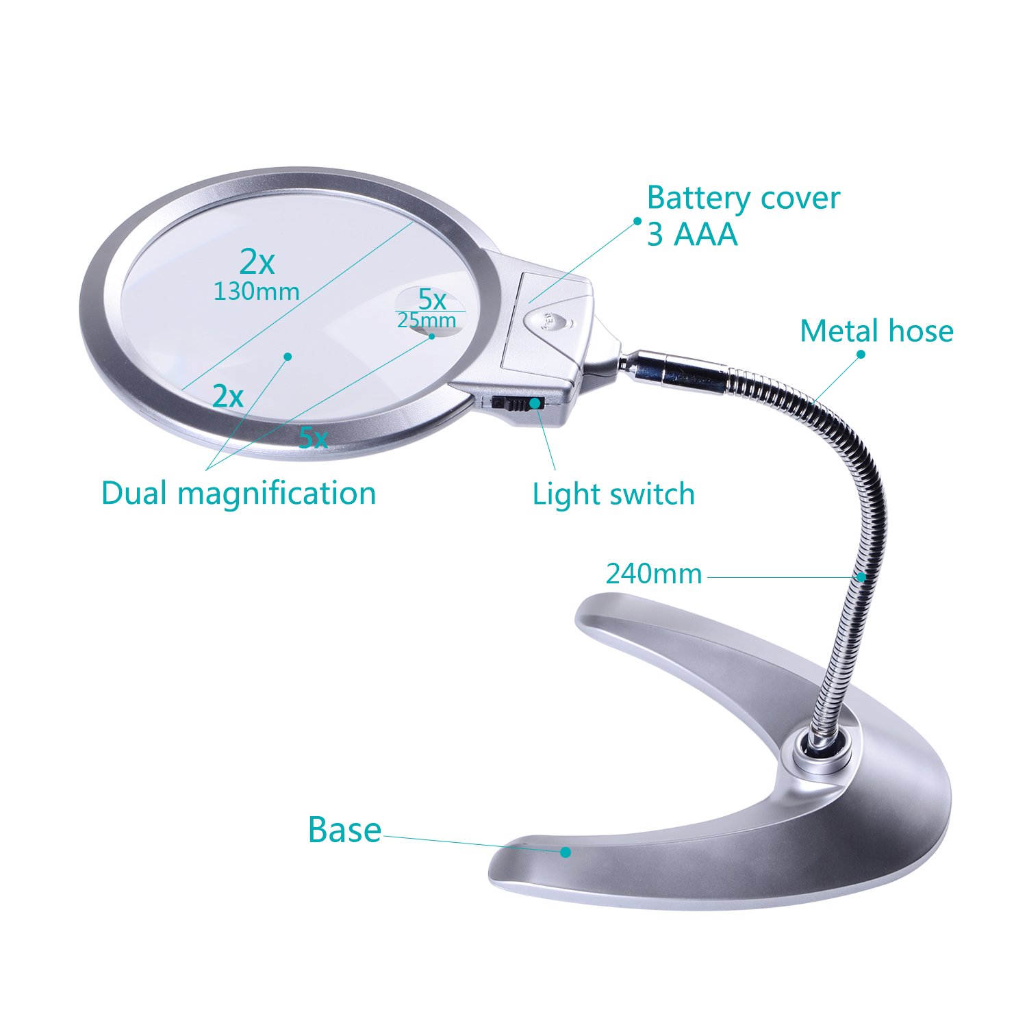XYK Large 2X 5X LED Lighted Magnifier with Stand - Folding Design with 2 LED Lamp and Jumbo 5.5 Inch Lens - Best Hands Free Magnifying Glass with Light for Reading