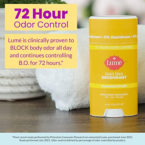 Lume Solid Deodorant Stick - Whole Body Deodorant - Aluminum-Free, Baking Soda-Free, Hypoallergenic, Safe For Sensitive Skin - 2.6 Ounce Solid Stick (Coconut Crush)