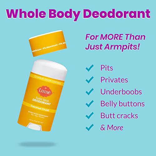 Lume Solid Deodorant Stick - Whole Body Deodorant - Aluminum-Free, Baking Soda-Free, Hypoallergenic, Safe For Sensitive Skin - 2.6 Ounce Solid Stick (Coconut Crush)