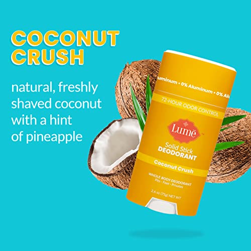 Lume Solid Deodorant Stick - Whole Body Deodorant - Aluminum-Free, Baking Soda-Free, Hypoallergenic, Safe For Sensitive Skin - 2.6 Ounce Solid Stick (Coconut Crush)