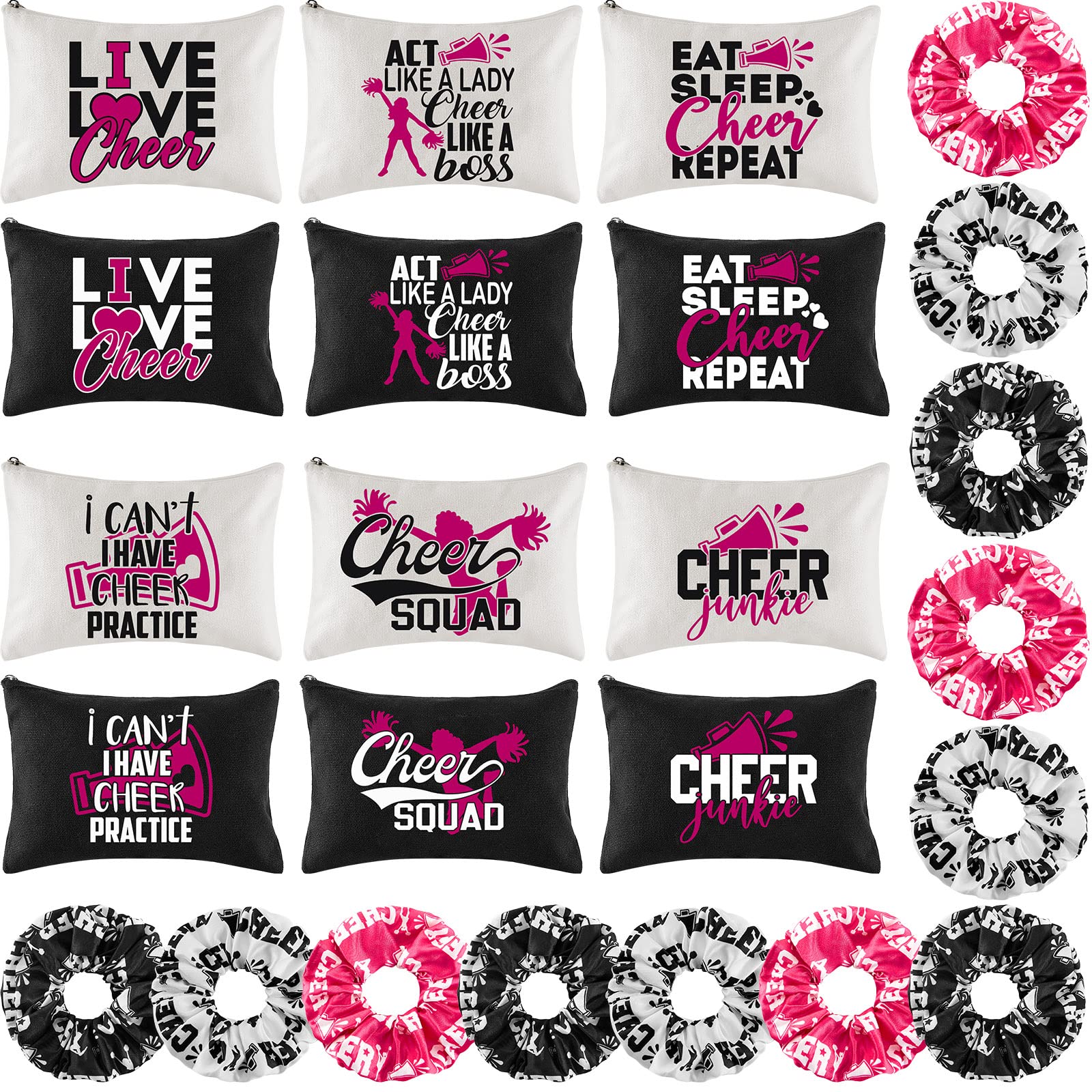 Flutesan 24 Pieces Cheerleader Gifts Bulk Canvas Cheer Bags Makeup Bag, Cheer Scrunchies, and Hair Ties for Girls Women Teammates