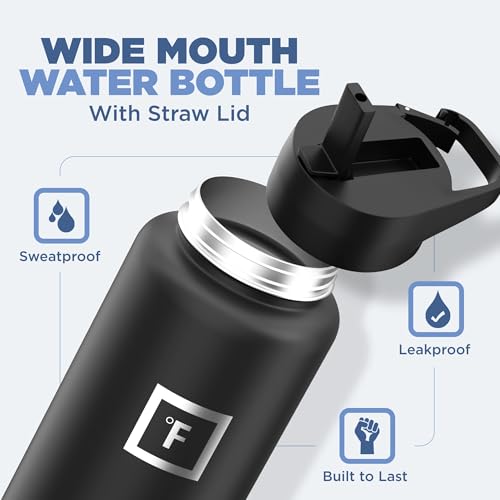 IRON °FLASK Camping & Hiking Hydration Flask with 3 Lids - Stainless Steel, Double Walled & Vacuum Insulated Water Bottle - Leak Proof & BPA Free (Fire Red, Straw - 40 oz)