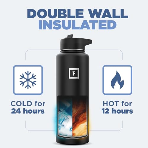 IRON °FLASK Camping & Hiking Hydration Flask with 3 Lids - Stainless Steel, Double Walled & Vacuum Insulated Water Bottle - Leak Proof & BPA Free (Fire Red, Straw - 40 oz)