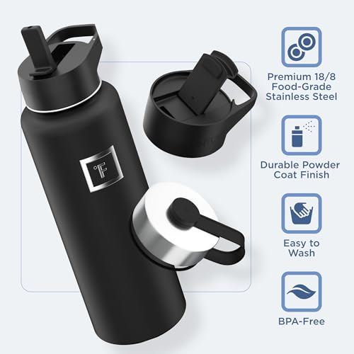 IRON °FLASK Camping & Hiking Hydration Flask with 3 Lids - Stainless Steel, Double Walled & Vacuum Insulated Water Bottle - Leak Proof & BPA Free (Fire Red, Straw - 40 oz)