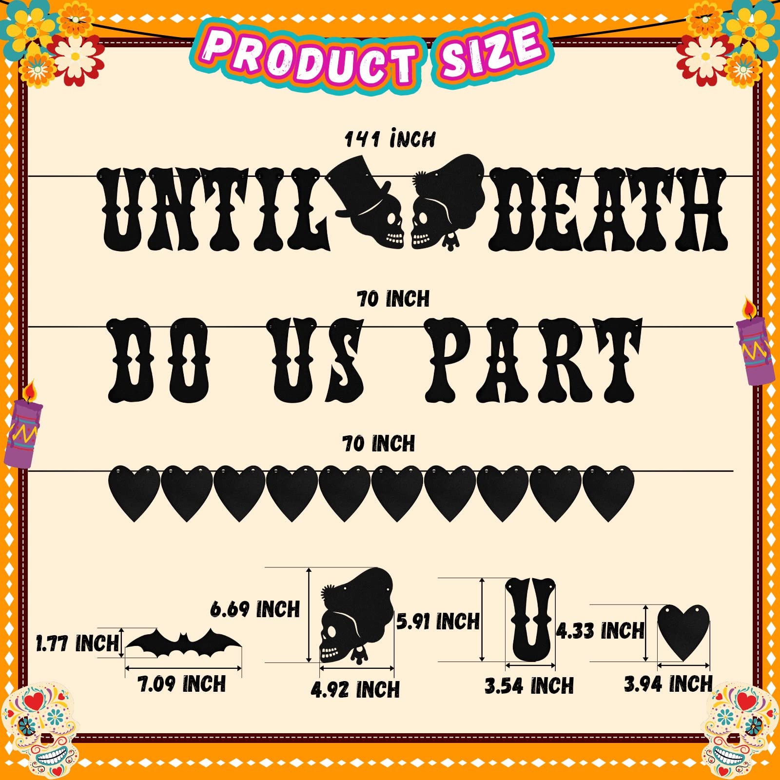 Gueevin 3 Pcs Til Death Do Us Part Banner Bride or Die Banner for Halloween Bachelorette Decoration Gothic Black Heart Bridal Shower Banner Day of The Dead Letter Including 36 Paper Cutouts