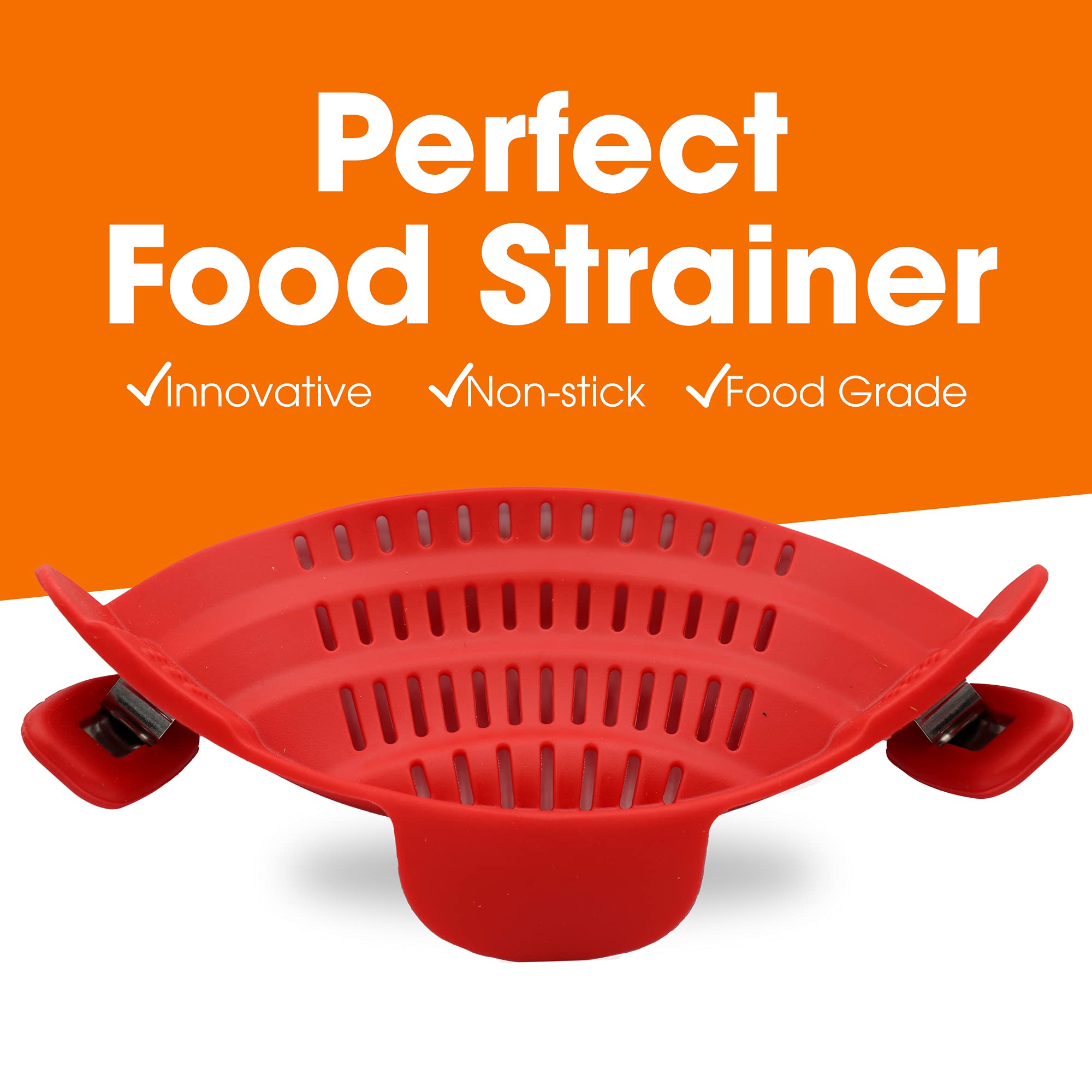 Cheer Collection Silicone Clip on Pot Strainer, Heat-resistant Snap-On Strainer for Pasta, Noodles, Rice, Meats and Vegetables, Red