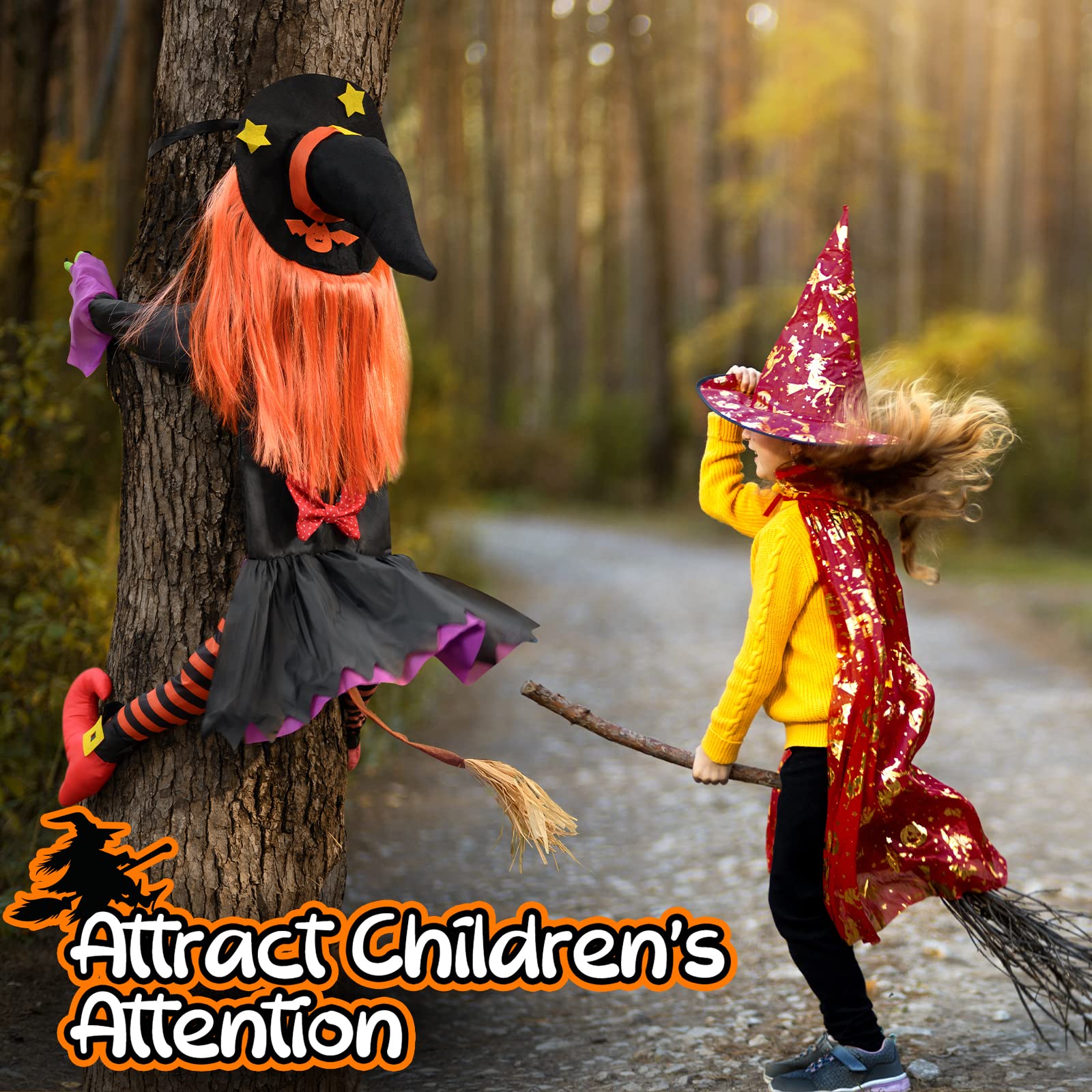 Large Crashing Witch Decor(55'' H), Halloween Decorations Clearance Outdoor Witch Props Ornaments, Hanging into Tree/Porch Pole/Door/Yard, with Adjustable Band, Outside Garden Funny Witches Crashed