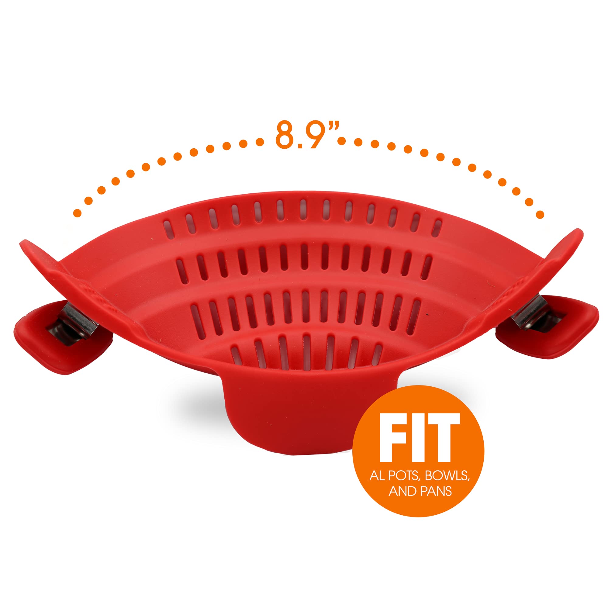Cheer Collection Silicone Clip on Pot Strainer, Heat-resistant Snap-On Strainer for Pasta, Noodles, Rice, Meats and Vegetables, Red