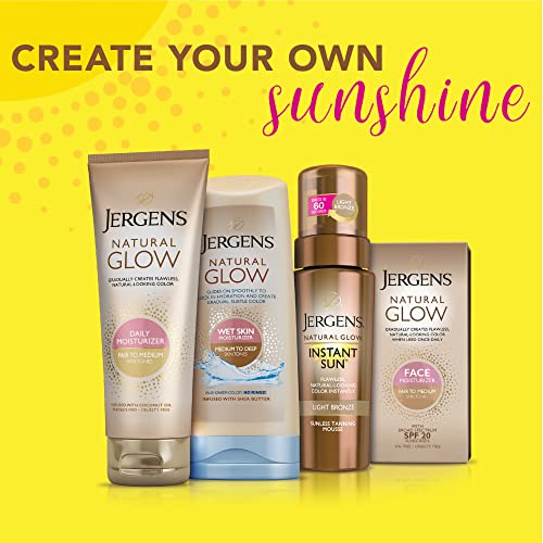 Jergens Natural Glow Instant Sun Body Mousse, Self Tanner for Light Bronze Tan, Sunless Tanning Body Bronzer, Fake Tan for Fair to Medium Skin, 6 Ounce